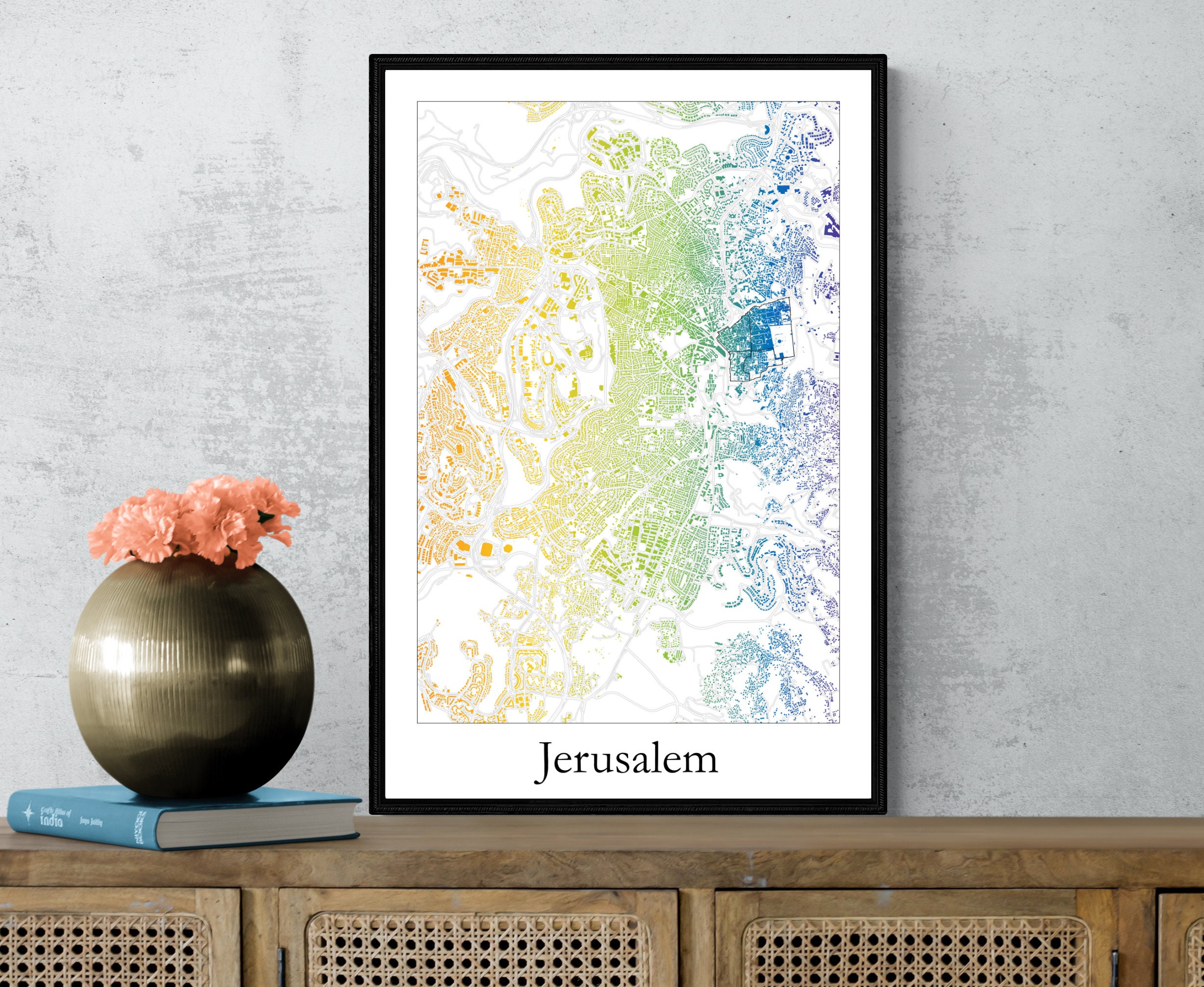Jerusalem City Colorful Map Poster, Jewish Peace Map Art Poster ...