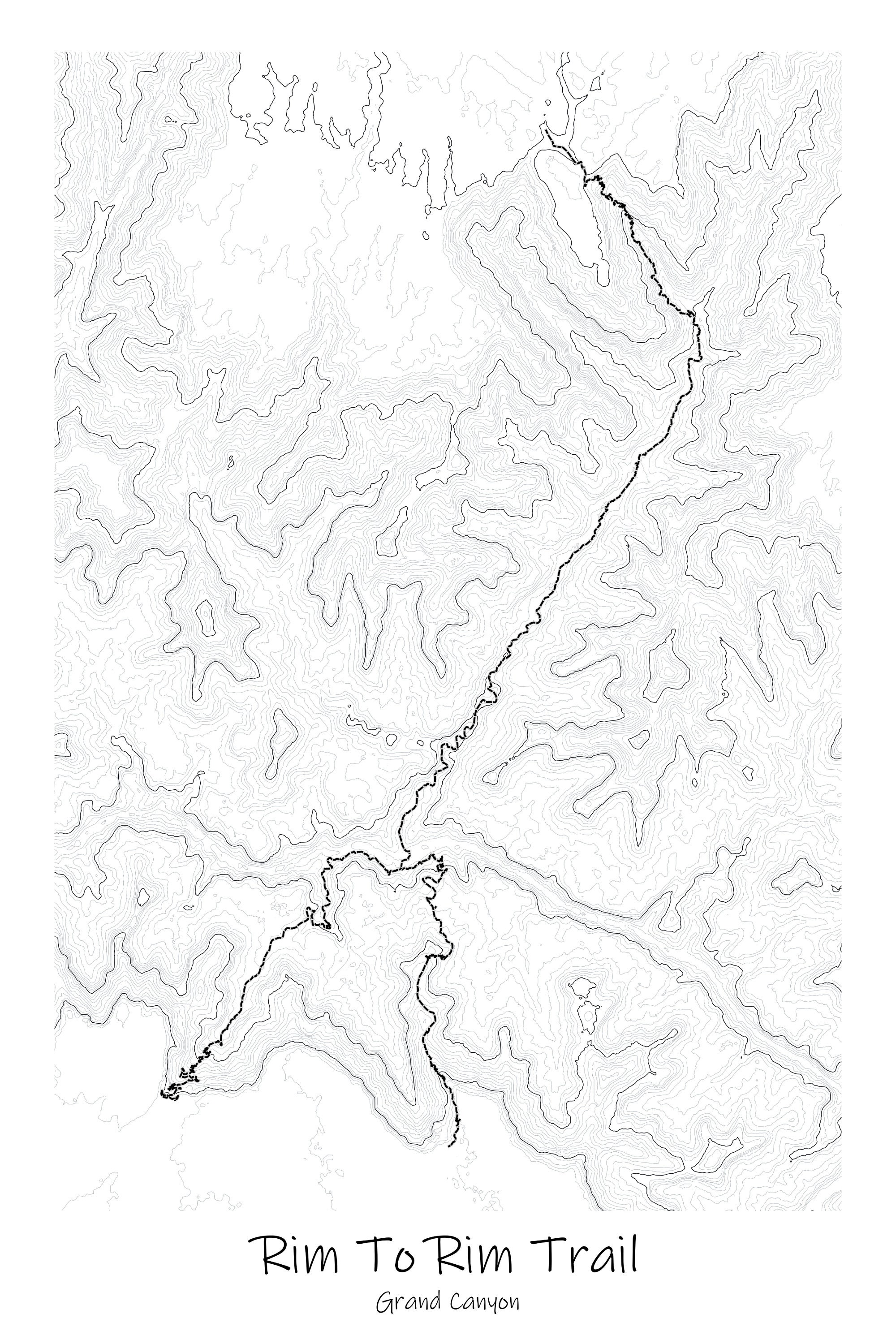 Rim to Rim Trail Topographic Map Poster, Arizona Grand Canyon Trail ...