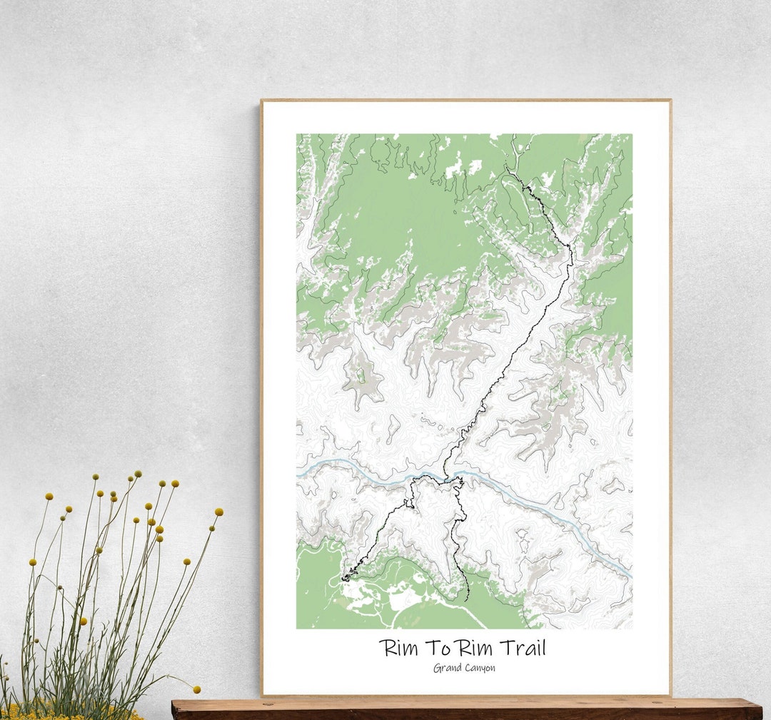 Rim to Rim Trail Topographic Map, Arizona Grand Canyon Trail Hiking ...