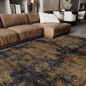 Navy Blue Rug, Gold Pattern Style, Rug for Living Room, Turkish Kilim ...