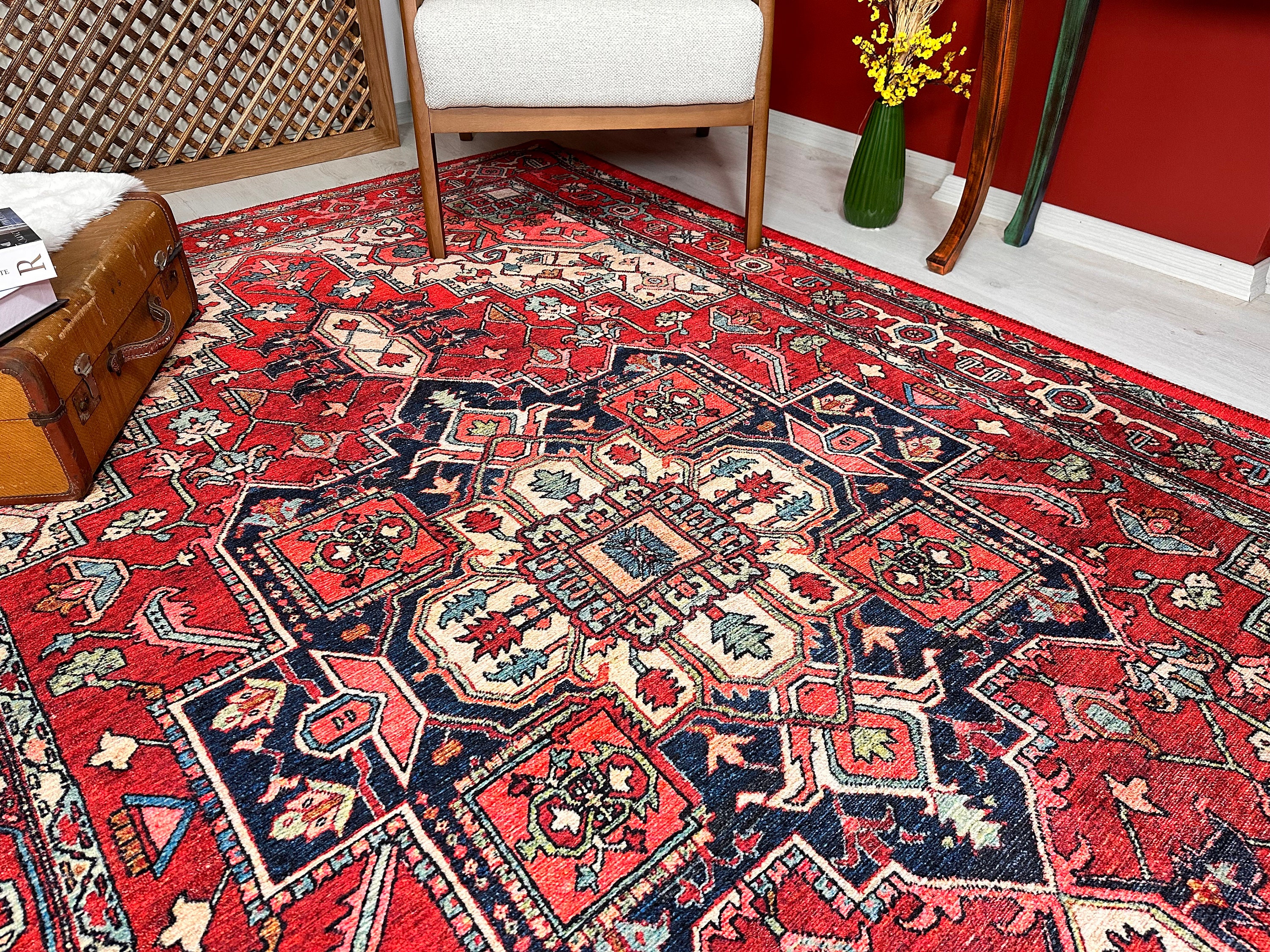 Red Distressed Boho Rug, Oversize Rug 8x10, Vintage Style Carpet, Stain ...