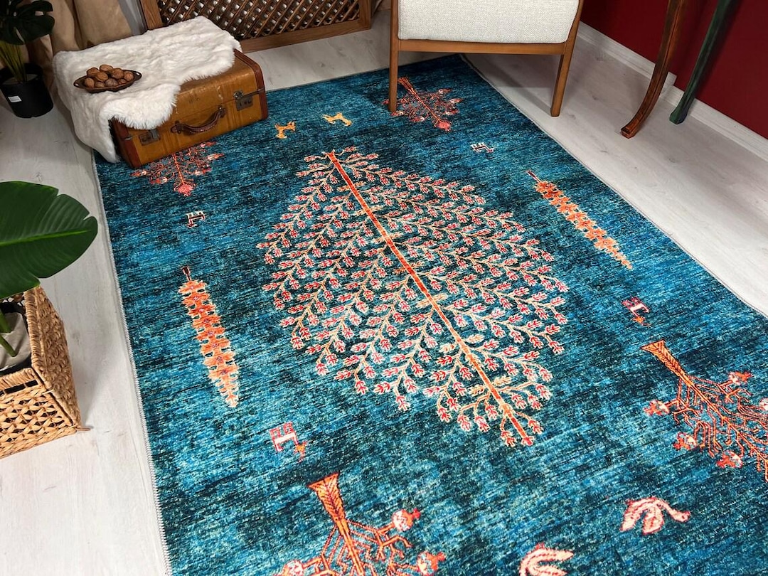 Tree of Life Motif Rug, Blue Turkish Rug Featuring Distinctive, Long ...