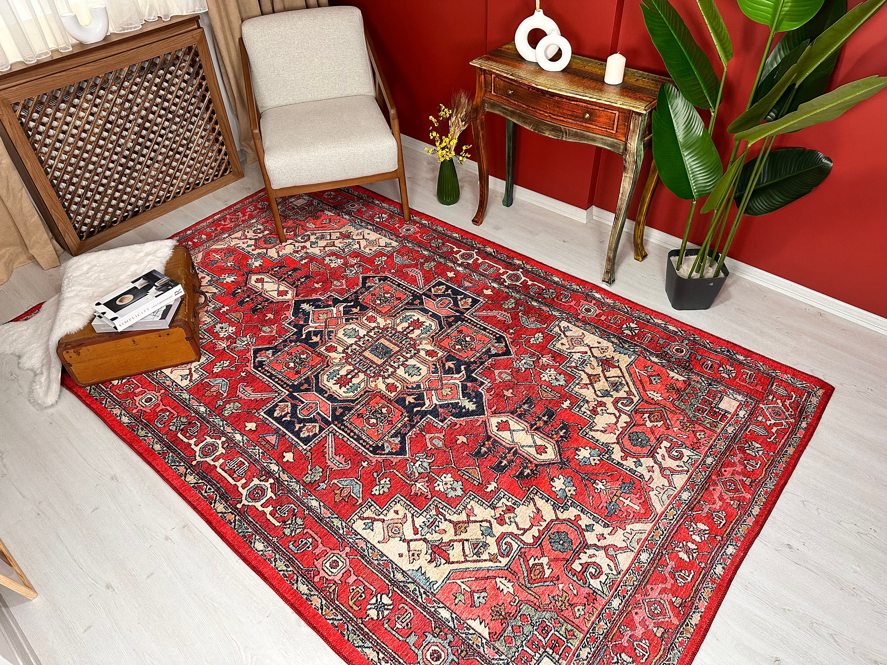 Red Distressed Boho Rug, Oversize Rug 8x10, Vintage Style Carpet, Stain ...