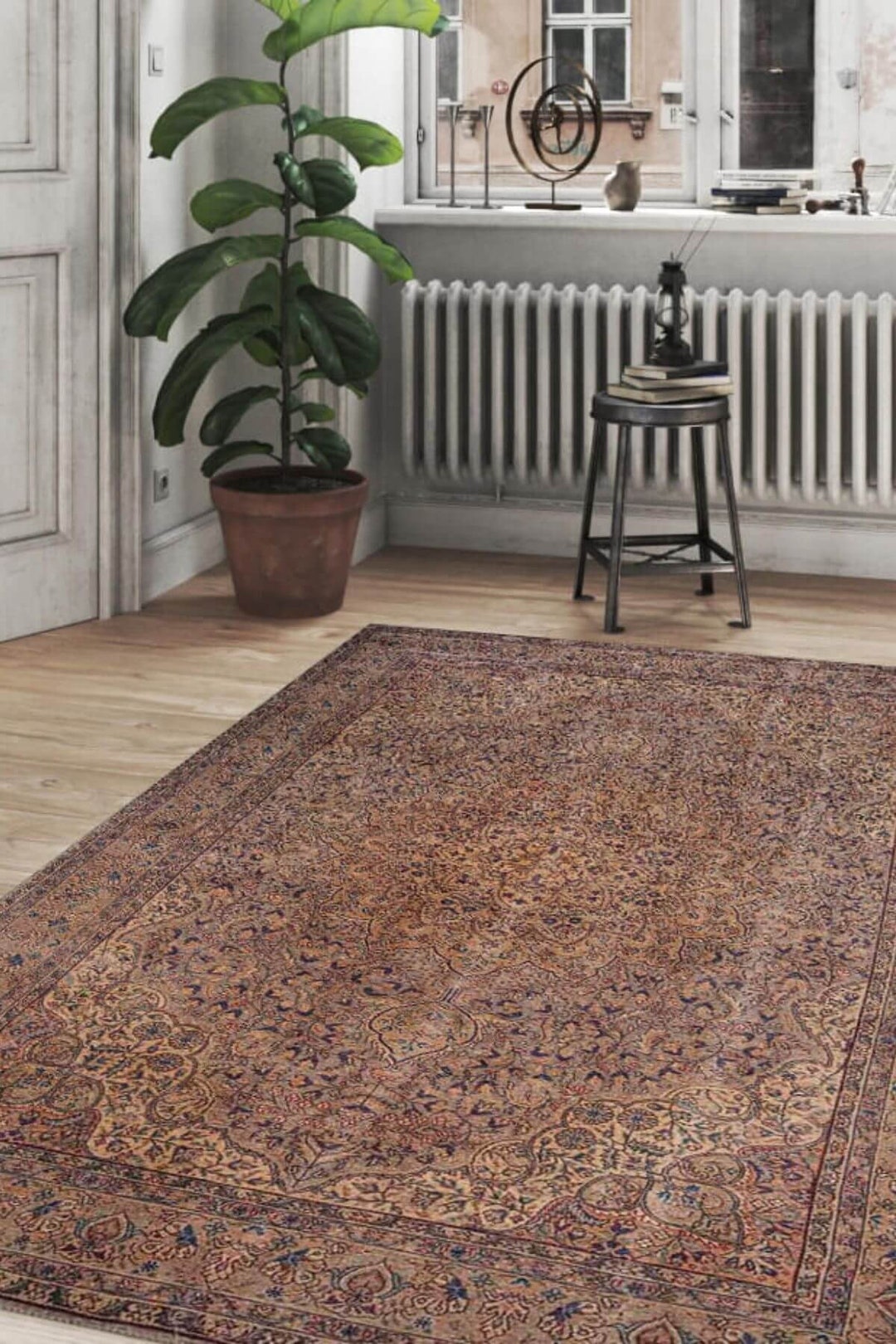 Brown Oriental Rug, Vintage Style Area Rug for Living Room, Ethnic ...