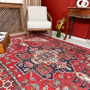 Red Distressed Boho Rug, Oversize Rug 8x10, Vintage Style Carpet, Stain ...