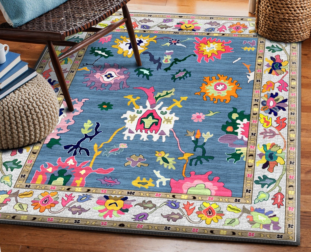 Ethnic Area Rug, Blue Oval Rug, Bedroom Runner, Farmhouse Carpet ...