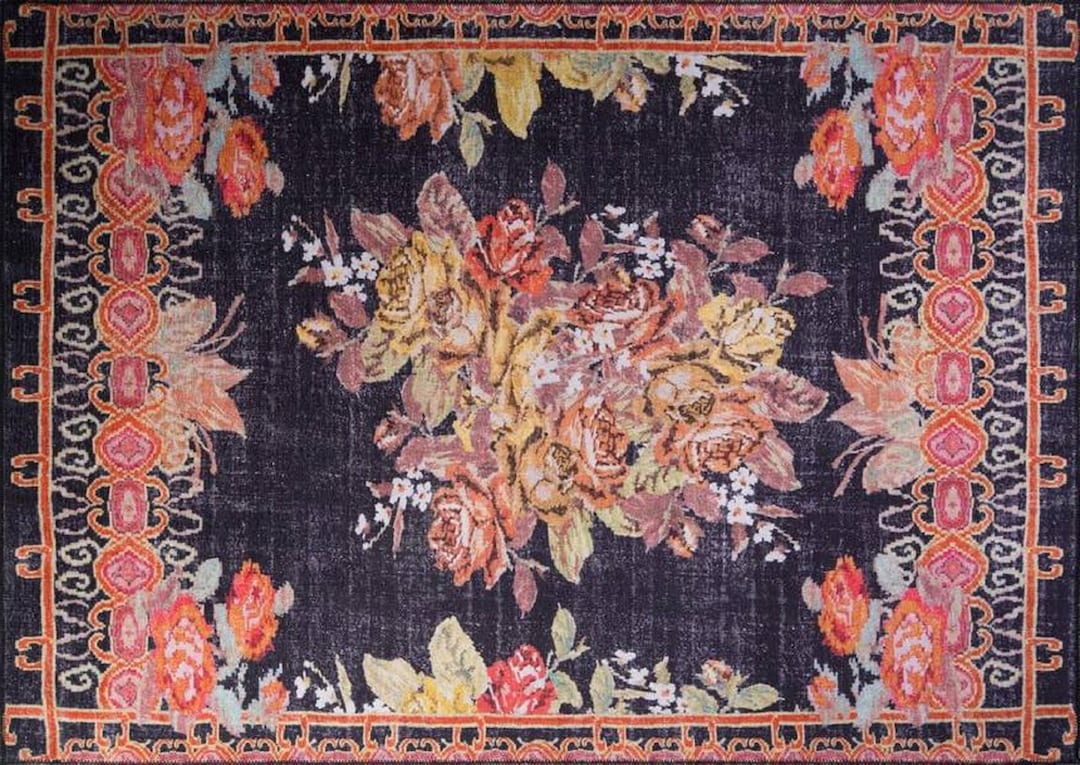 Karabagh Style Rug, Black Kilim Roses, Floral Kilim, Multi Size ...