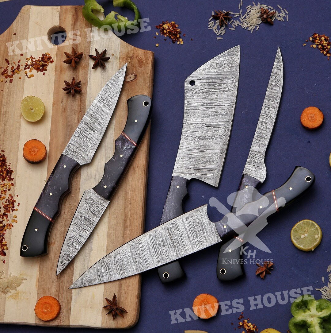 Chef Set, Kitchen Knives Set, Hand Forged Damascus Chef Set, Leather ...