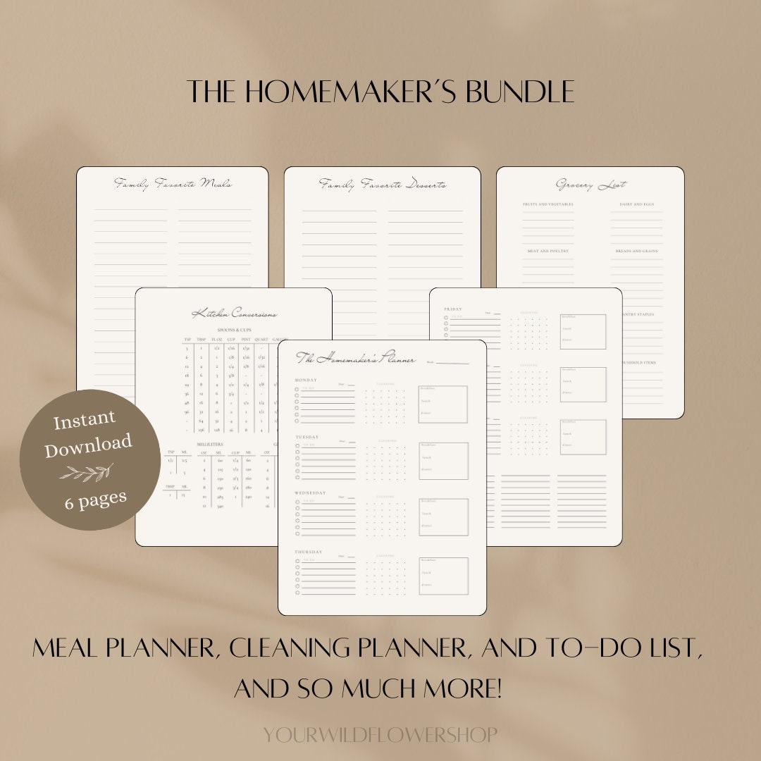 Homemaker Planner Bundle, Minimalist Meal Plan Template, Cleaning ...