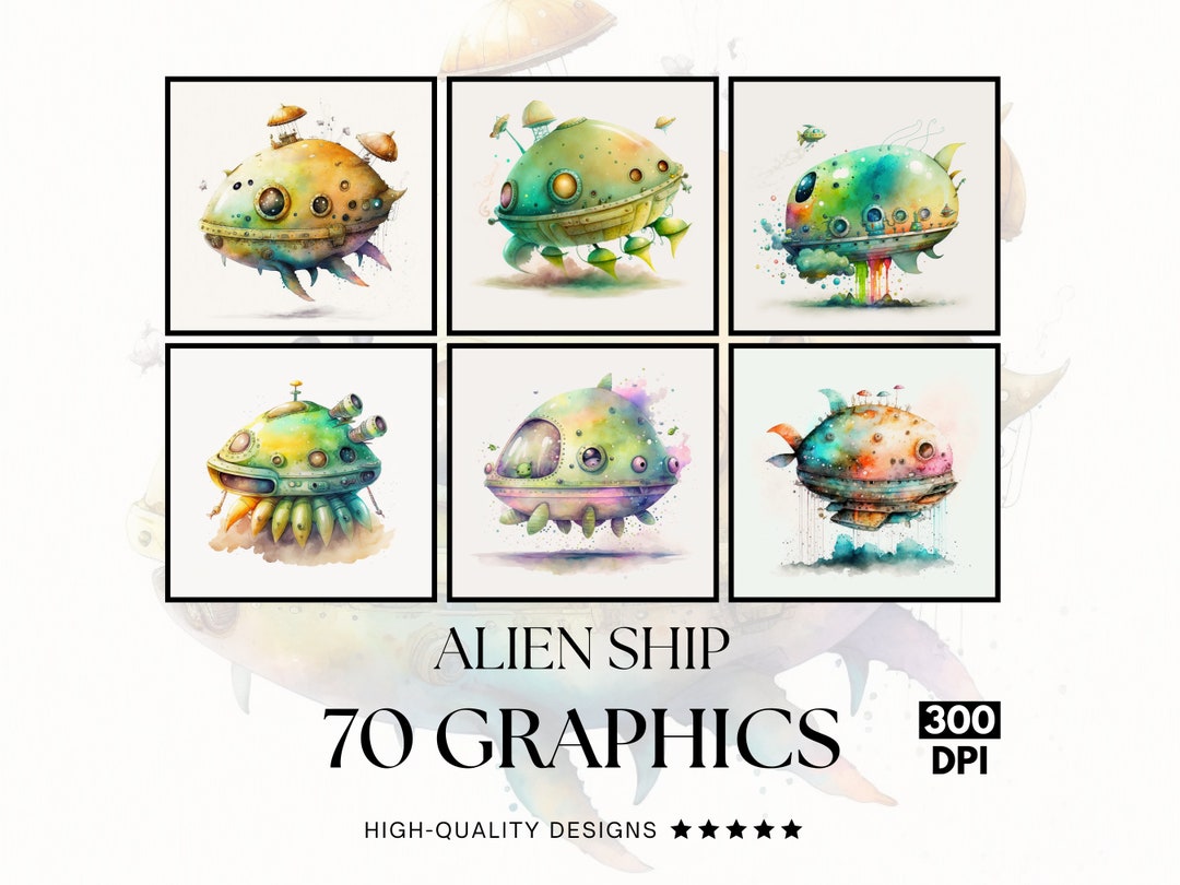 70 Abstract Watercolor Alien Ship, PNG Clipart Bundle, Sublimation ...