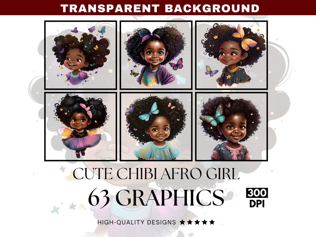 63 Cute Chibi Afro Girl, Transparent Backgrounds, PNG Clipart Bundle ...