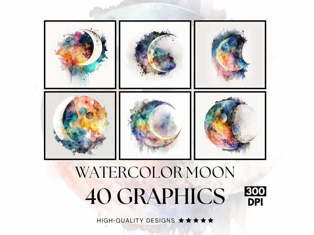 40 Abstract Watercolor Moon, PNG Clipart Bundle, Sublimation Print ...