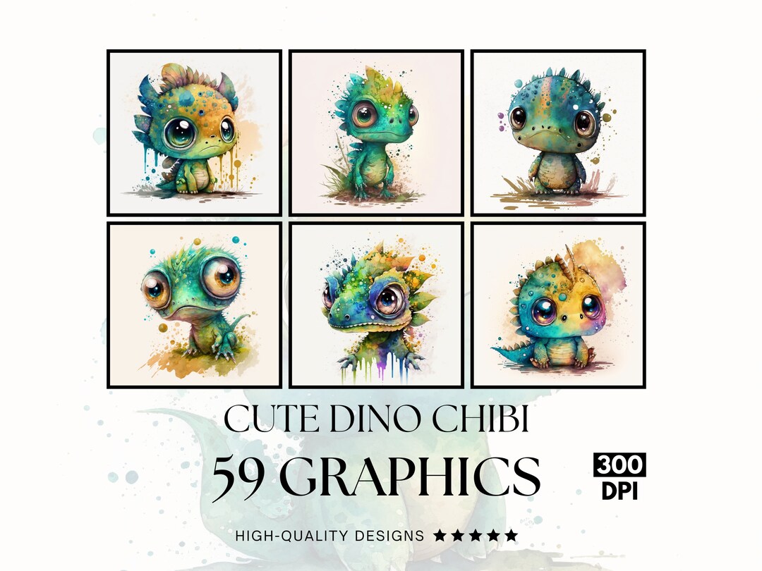 59 Abstract Watercolor Cute Dino Chibi, PNG Clipart Bundle, Sublimation ...