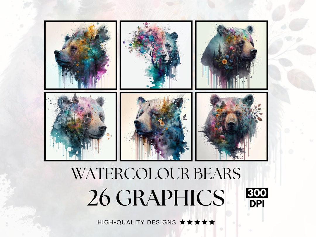 Watercolour Bears Designs PNG Clipart Bundle, Sublimation Print ...