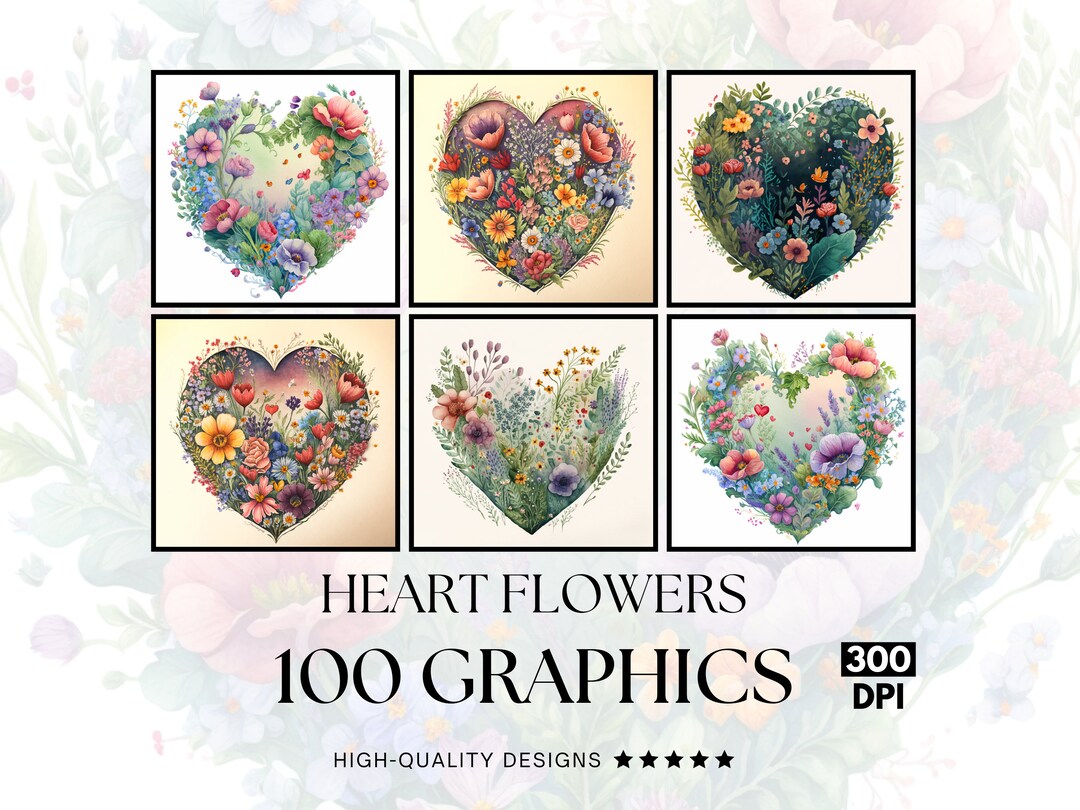 Watercolor Heart Flowers, PNG Clipart Bundle, Sublimation Print ...
