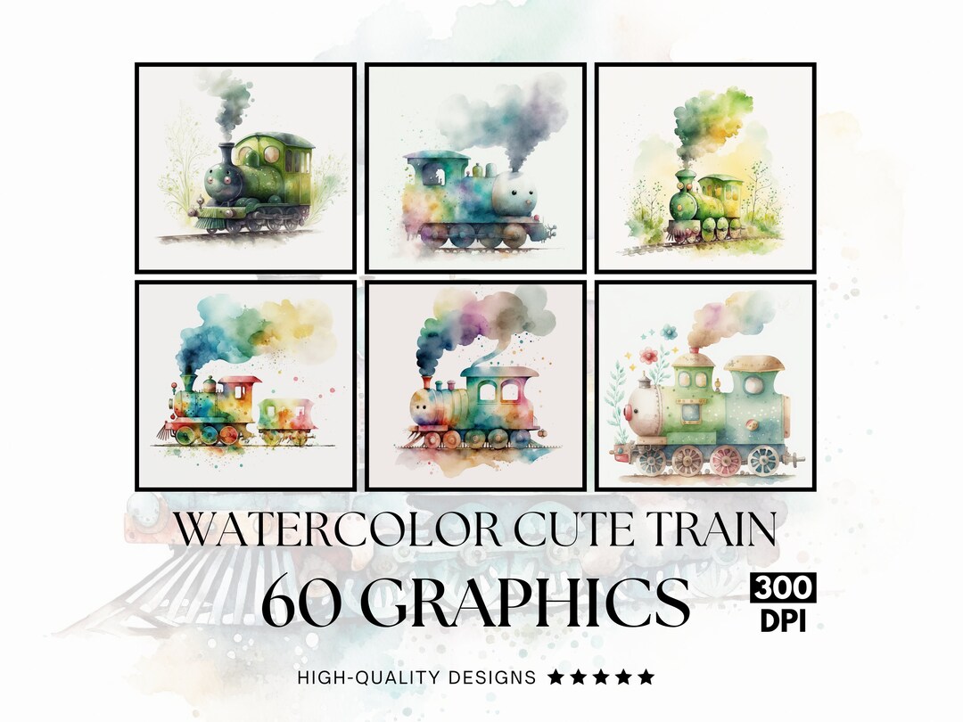 60 Abstract Watercolor Cute Train, PNG Clipart Bundle, Sublimation ...