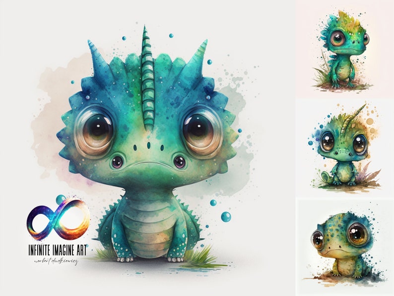 59 Abstract Watercolor Cute Dino Chibi Vibrant and Exciting - Etsy