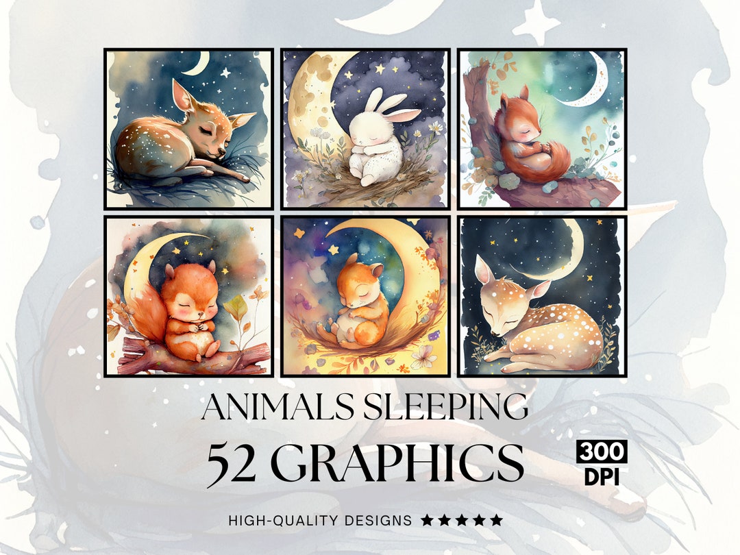 52 Baby Animals Sleeping Watercolor Art Designs PNG Clipart Bundle ...