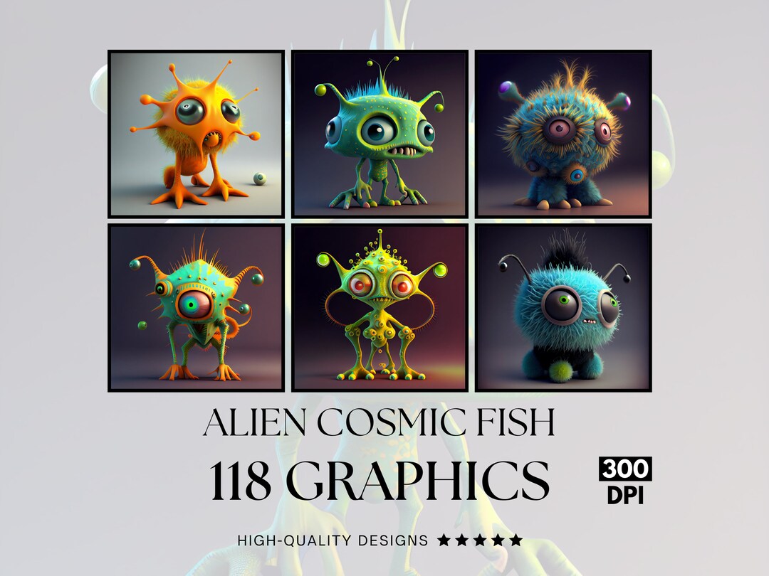 118 Alien Cosmic Fish 3D Art Designs, PNG Clipart Bundle, Sublimation ...