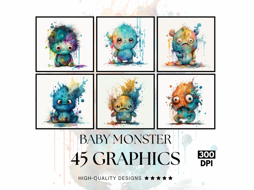 45 Abstract Watercolor Baby Monster, PNG Clipart Bundle, Sublimation ...
