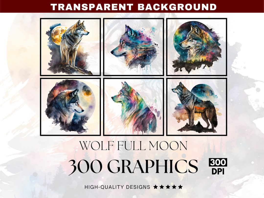 Wolf Full Moon Bundle, Transparent Backgrounds, PNG Clipart Bundle ...