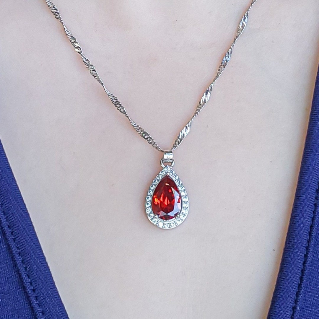 Stunning Gift for Her; Red Garnet Gemstone, CZ Encrusted Necklace ...