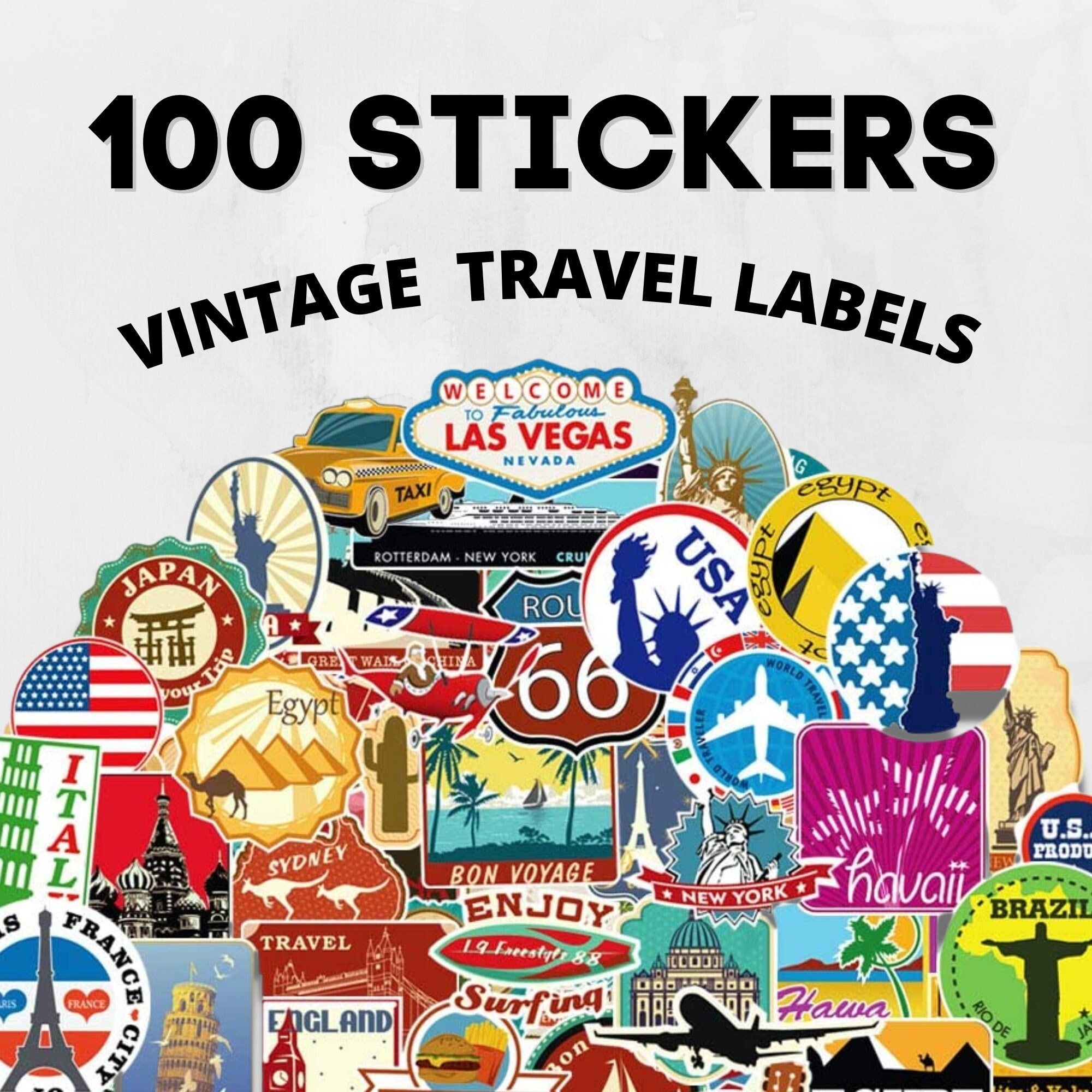 100 Vintage Travel Labels Sticker Pack, Retro Vintage Vinyl Stickers ...