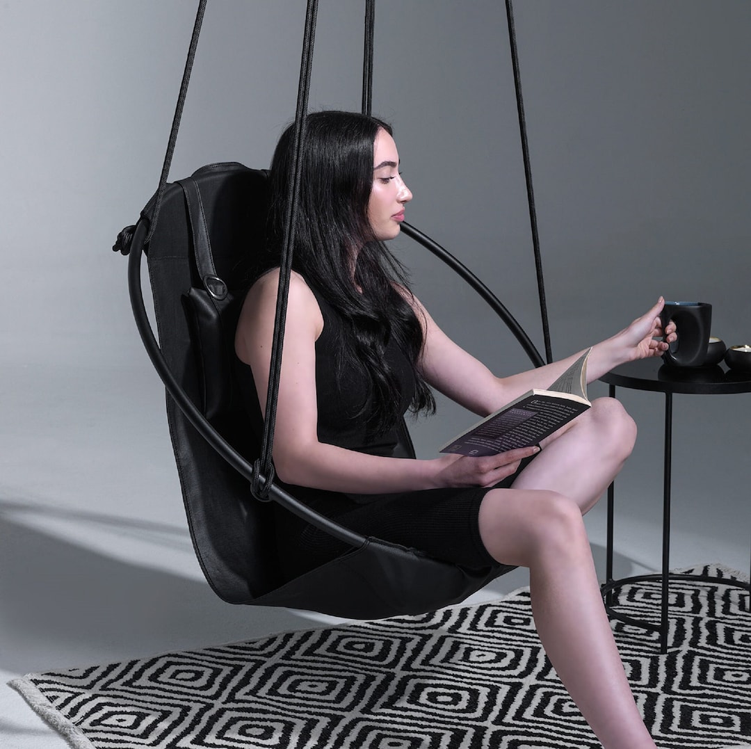 Mernliving Leather Hanging Chair Handmade Faux Leather Hammock Black ...