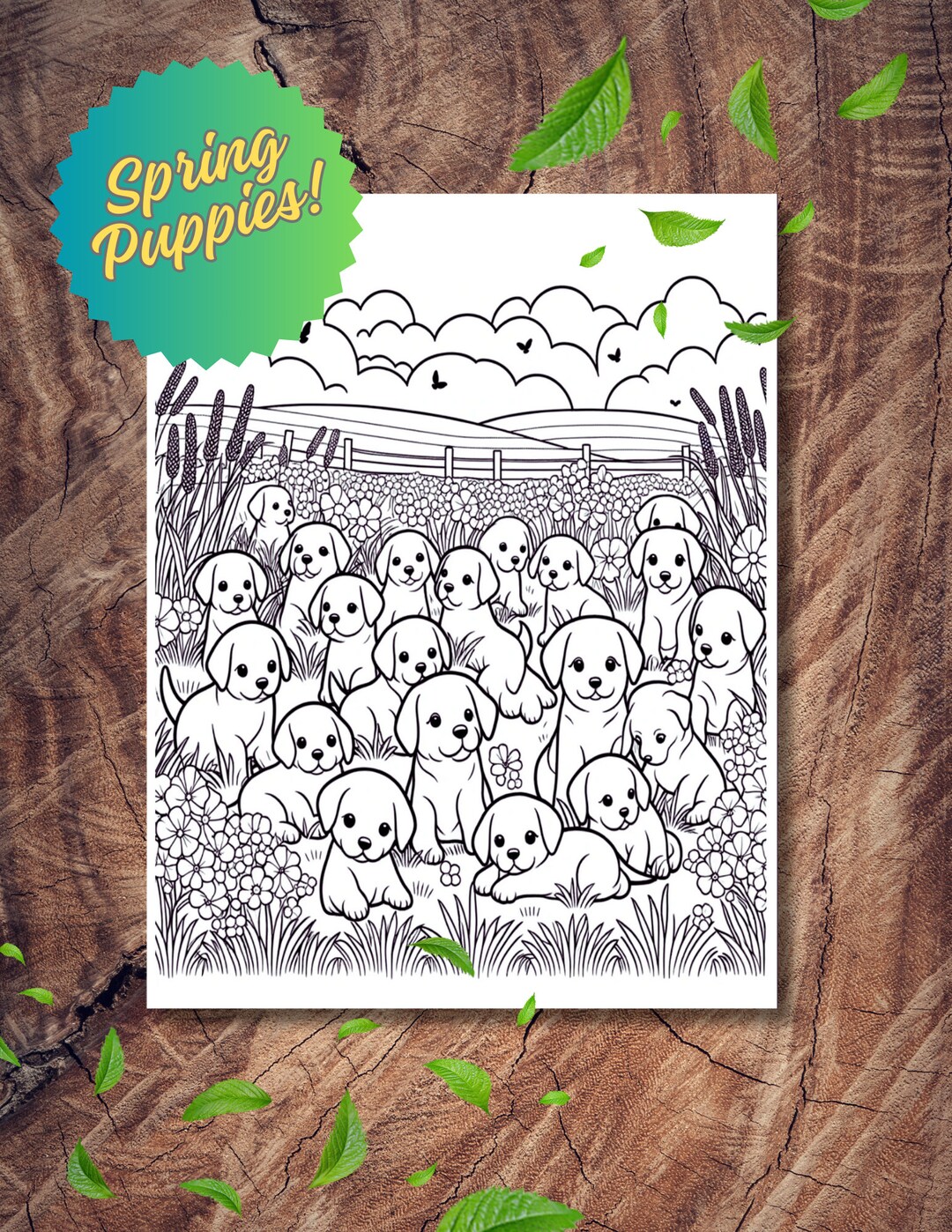 Spring Puppies Coloring Page - Printable Download - Nature Scene for ...