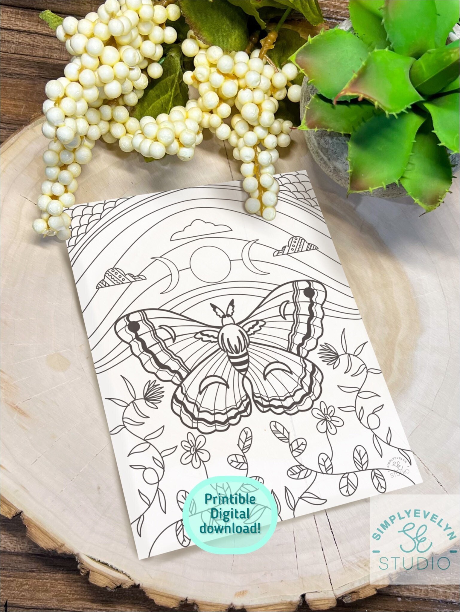 Moth Coloring Pages for Adults, Nature Digital Coloring, Easy to Color ...