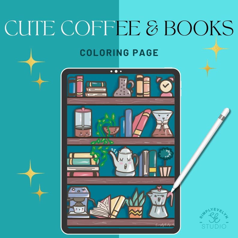 Cute Coffee and Books Shelf Coloring Page, Printable Coffee Lover ...
