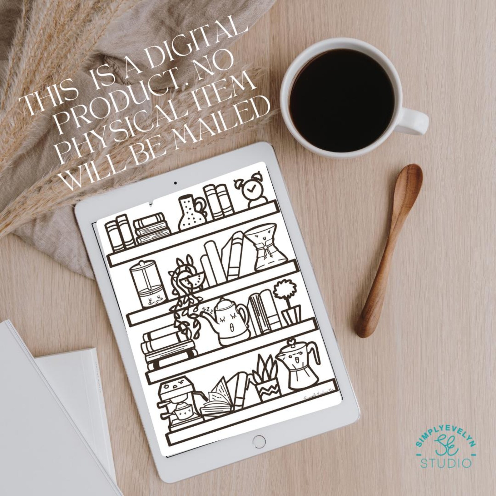 Cute Coffee and Books Shelf Coloring Page, Printable Coffee Lover ...