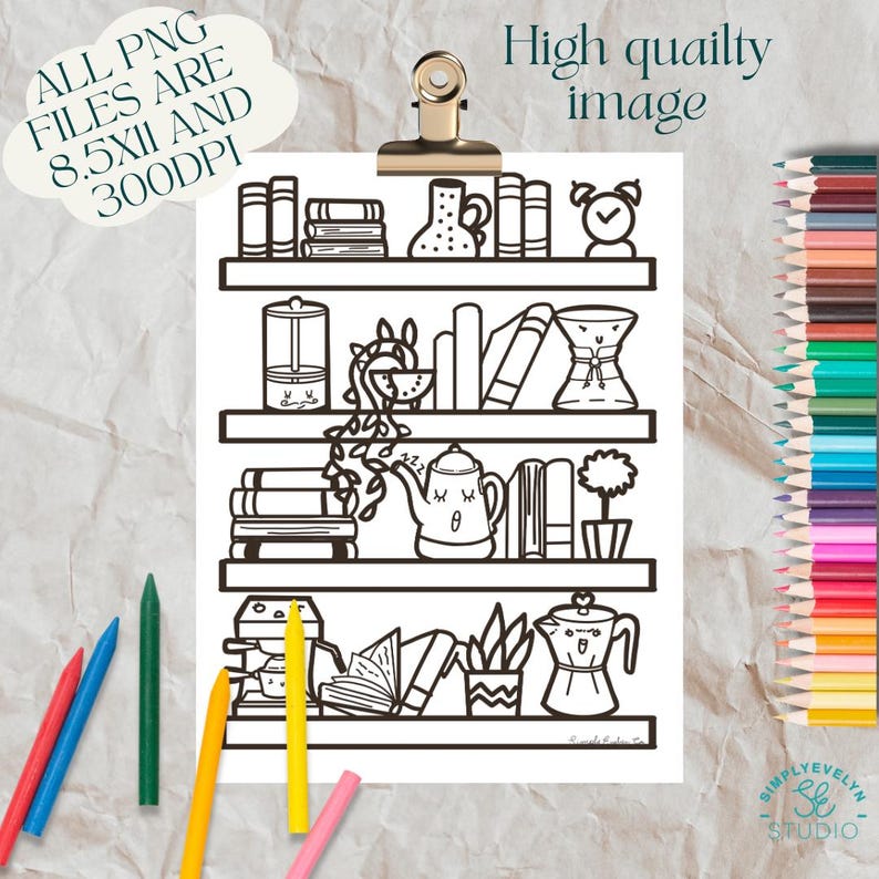 Cute Coffee and Books Shelf Coloring Page, Printable Coffee Lover ...