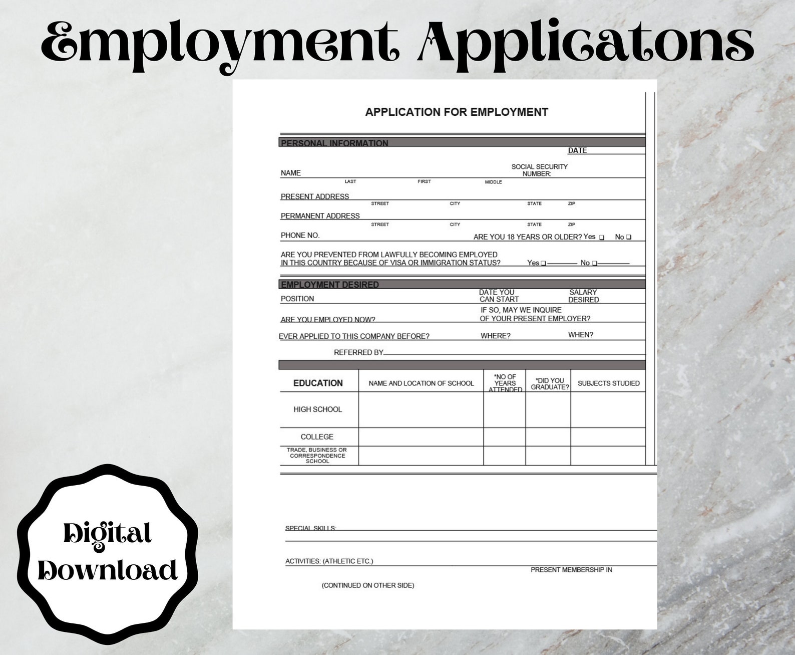 Employment Application Form Template (word Printable& Editable) - Etsy