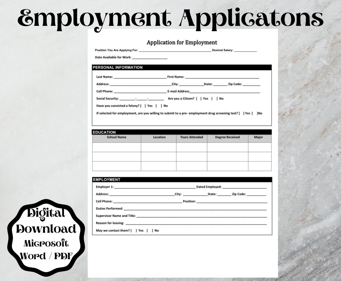 Employment Application Form Template (word Printable& Editable) - Etsy