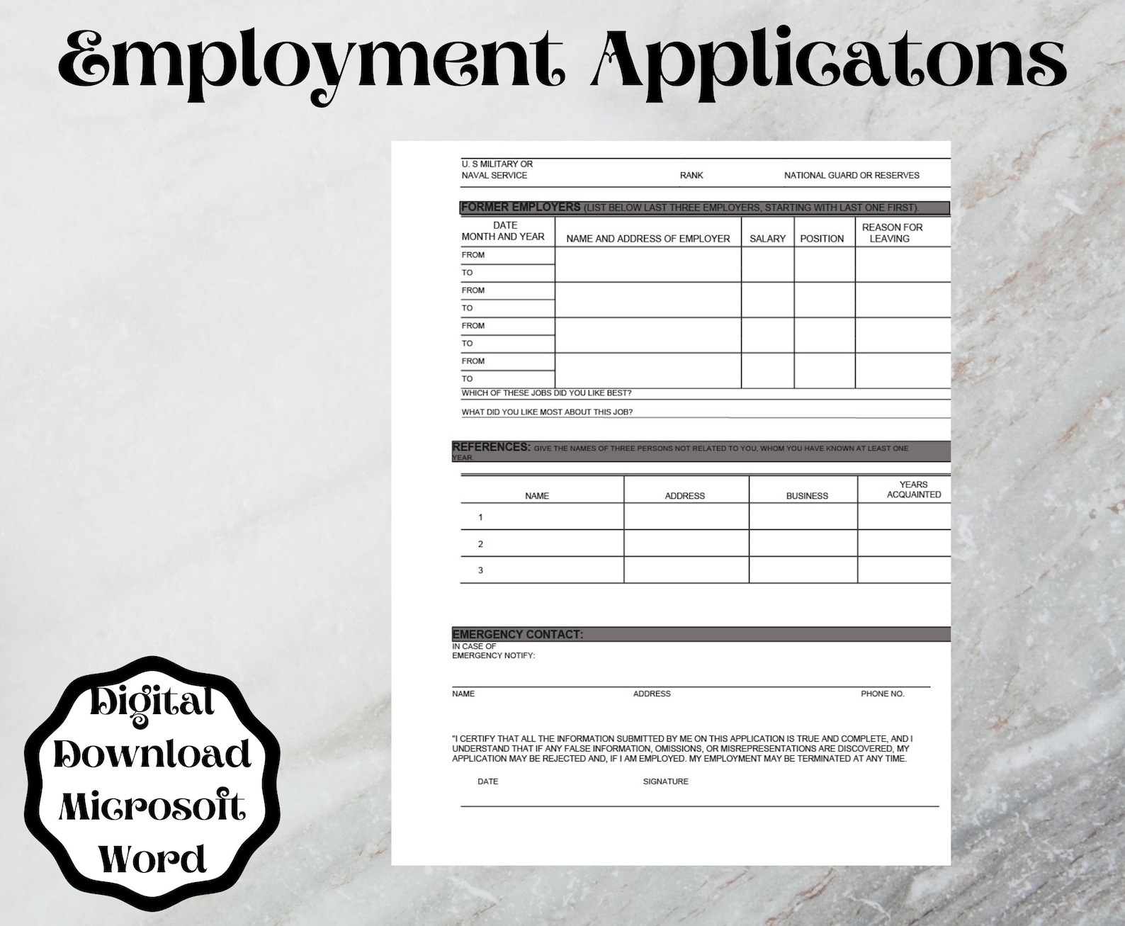 Employment Application Form Template (word Printable& Editable) - Etsy