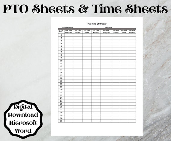 Employee PTO Sheet Monthly Time Sheet microsoft Word | Etsy