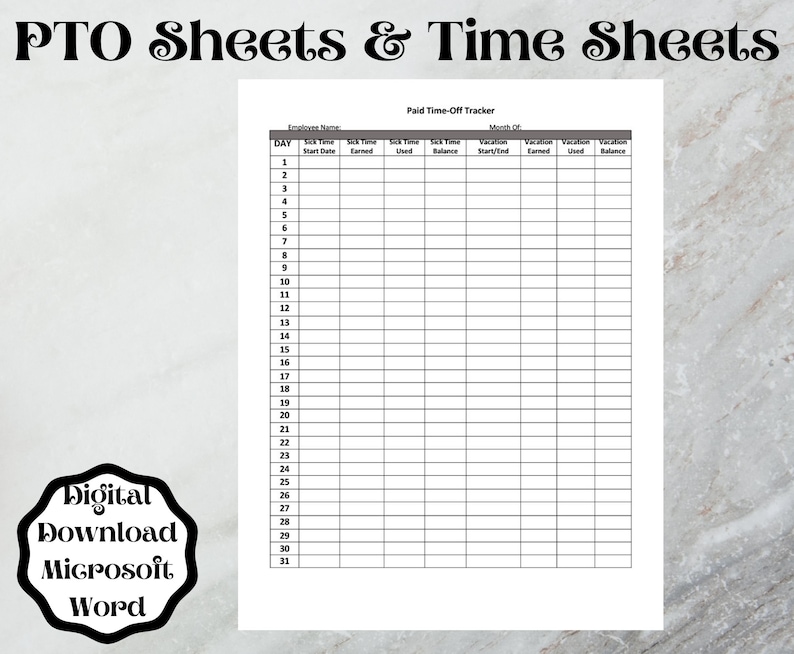 Employee PTO Sheet Monthly Time Sheet microsoft Word Printable/editable ...