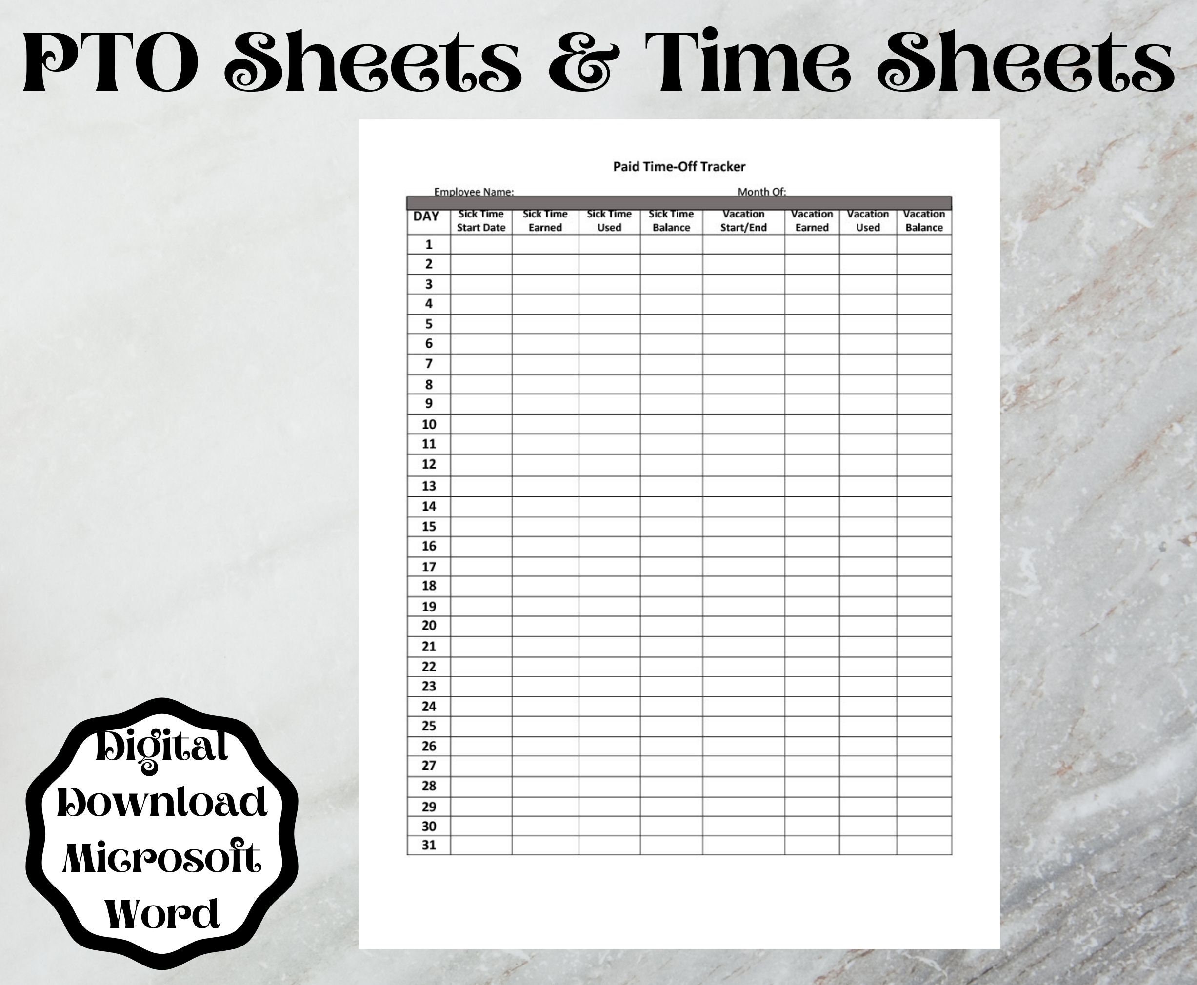 Employee PTO Sheet Monthly Time Sheet microsoft Word Printable/editable ...