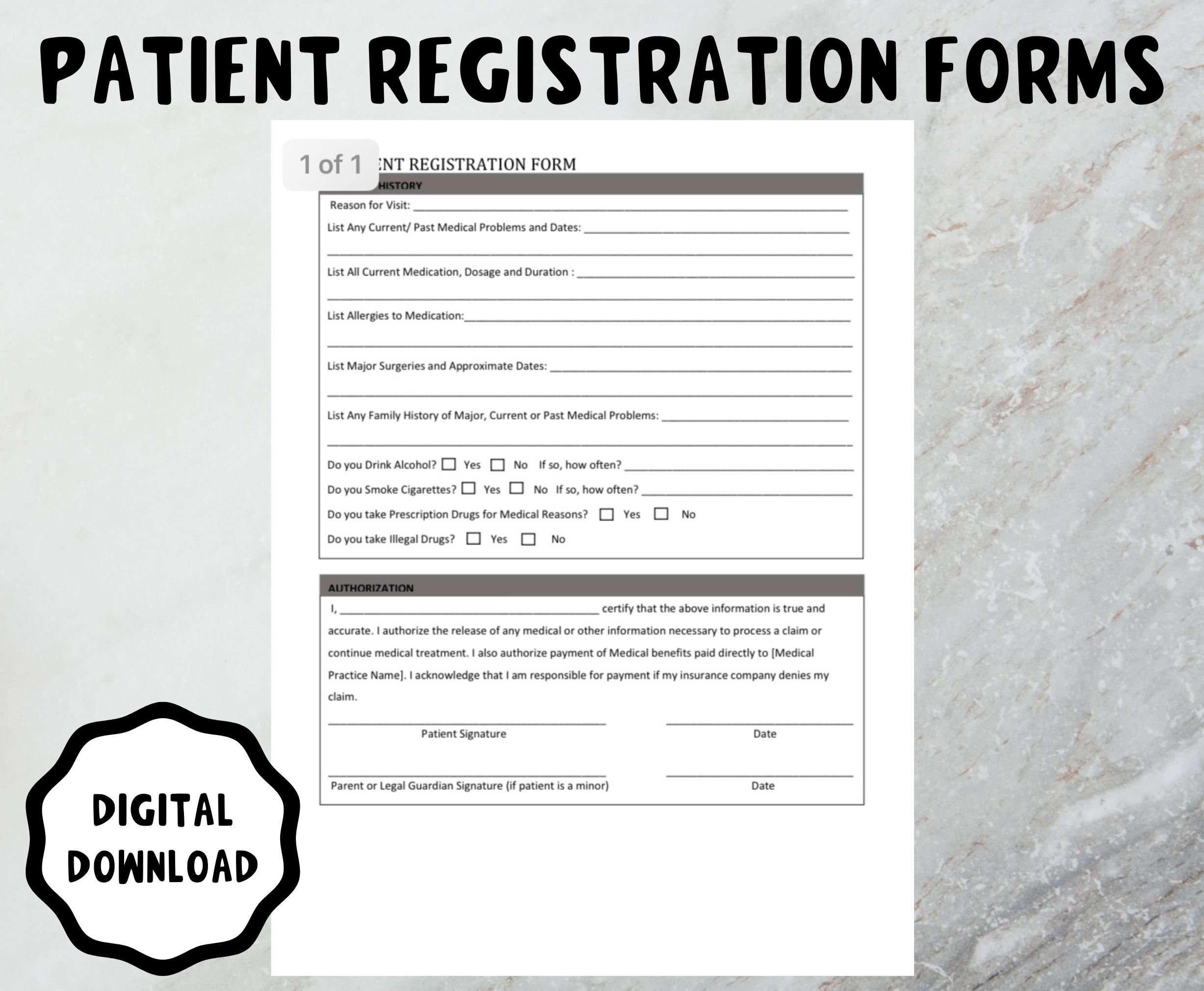 Patient Registration Form Template (word, Editable, Printable) - Etsy