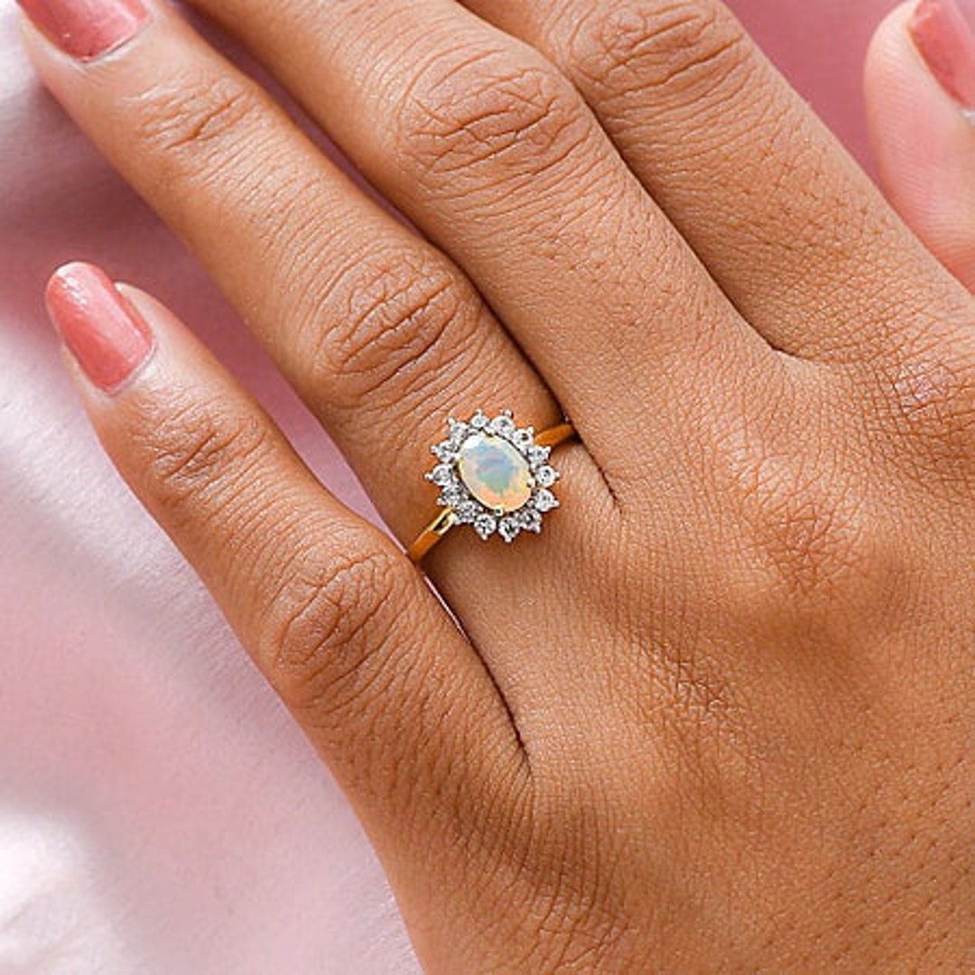 18K Yellow Gold Ethiopian Welo Opal & Moissanite Ring Princess Diana ...