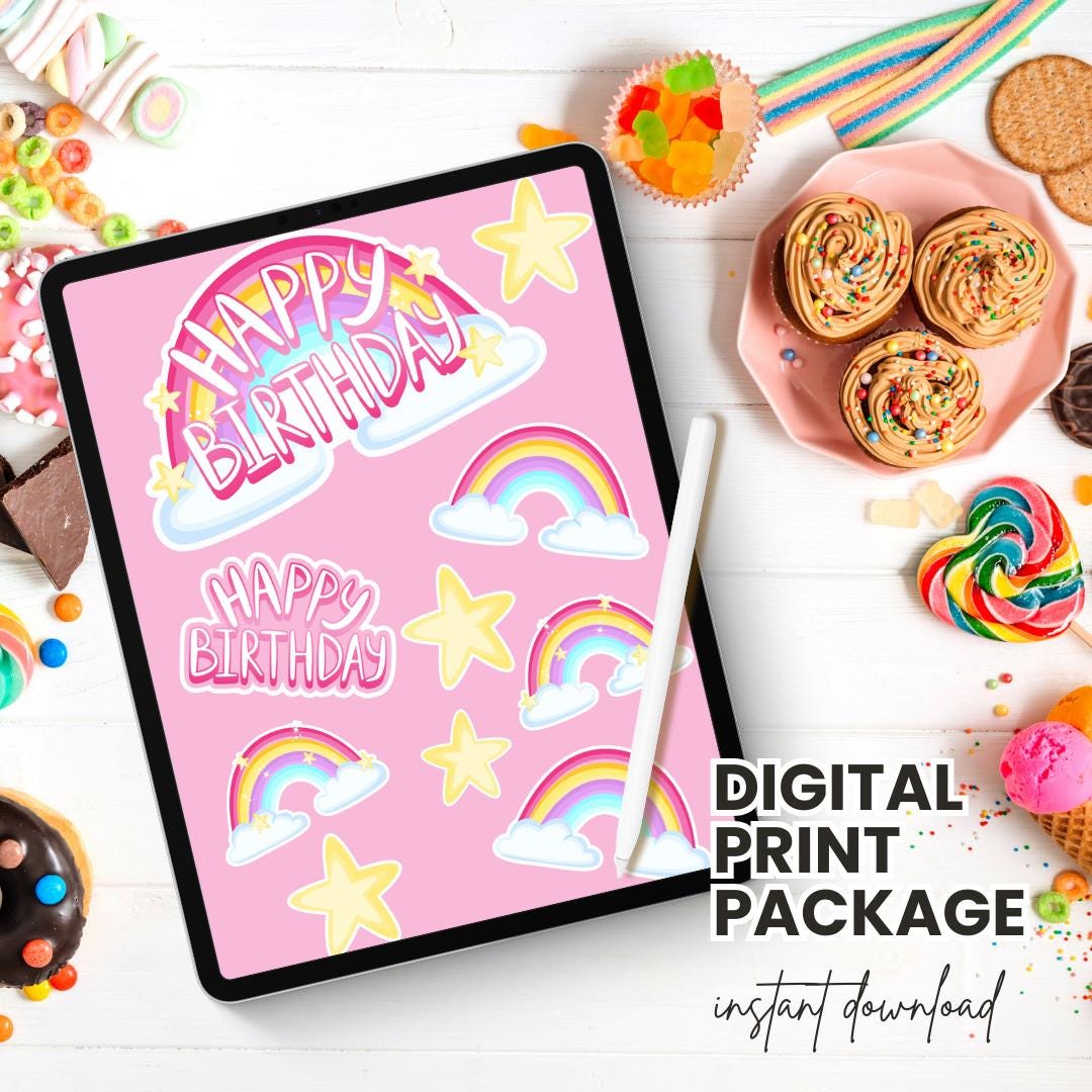Rainbow Birthday Digital Sticker Set – 5 PNG Clip Art Files for DIY ...