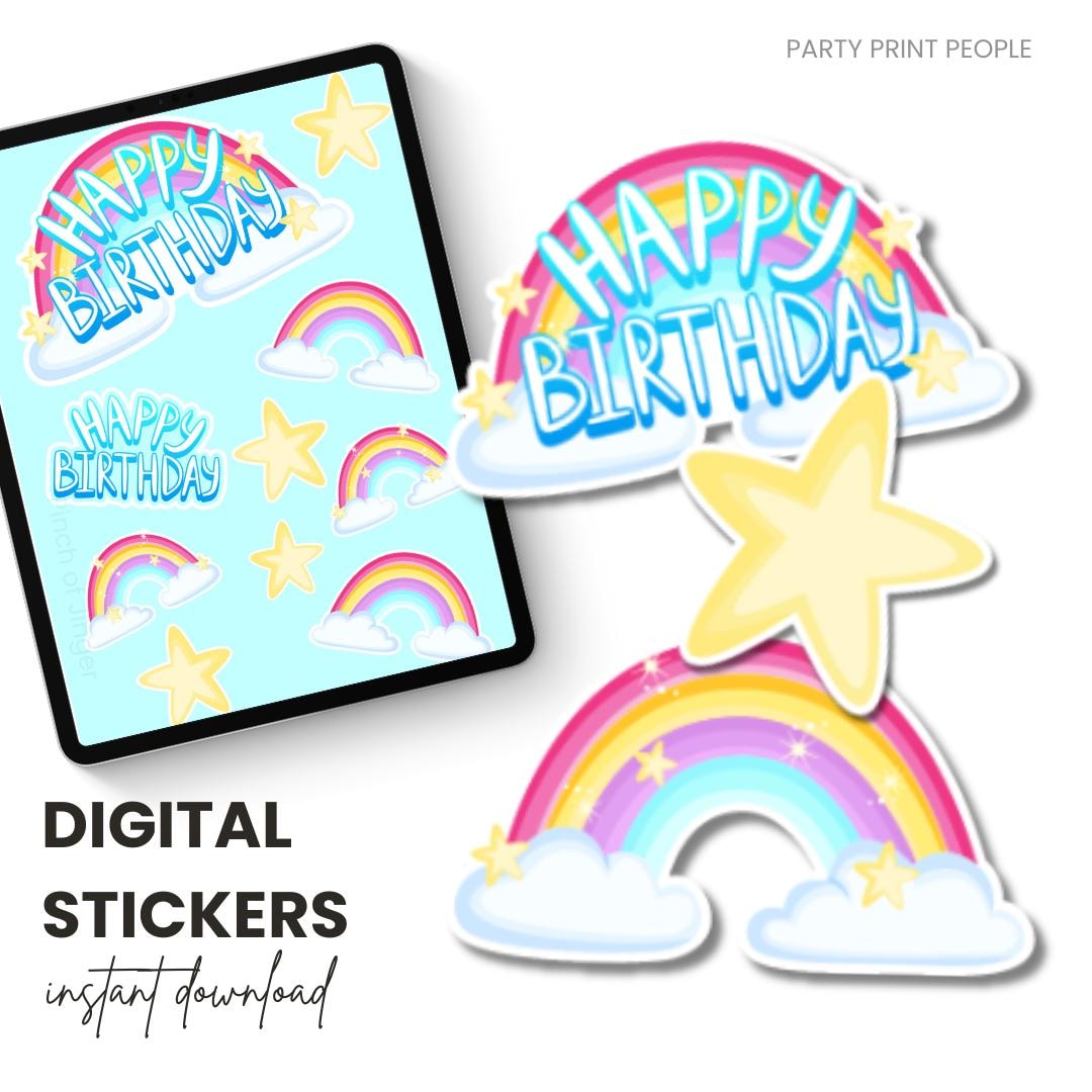 Rainbow Birthday Digital Sticker Set – 5 PNG Clip Art Files for DIY ...