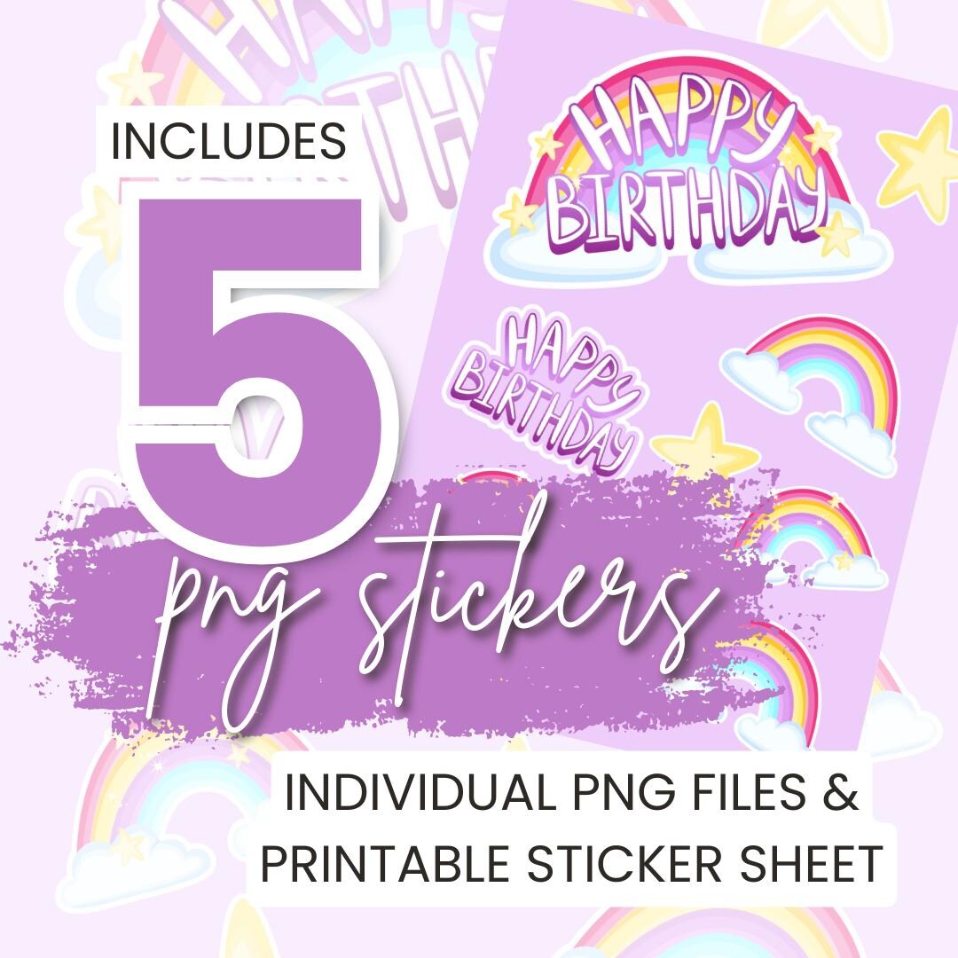 Rainbow Birthday Digital Sticker Set – 5 PNG Clip Art Files for DIY ...