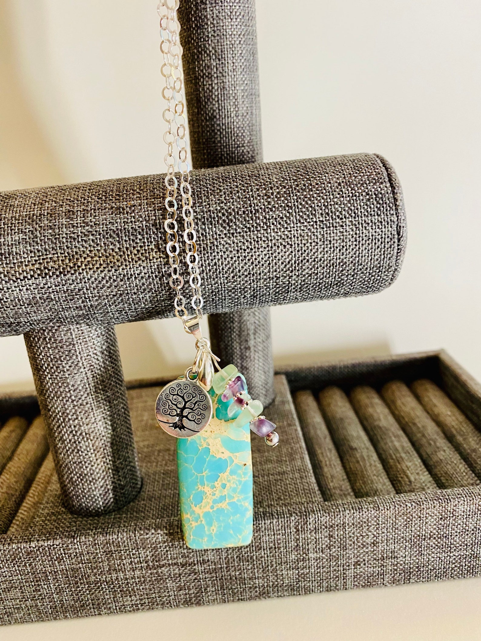 Turquoise D/S Imit 50x20mm Tree of Life Pewter Charm With Stacked ...