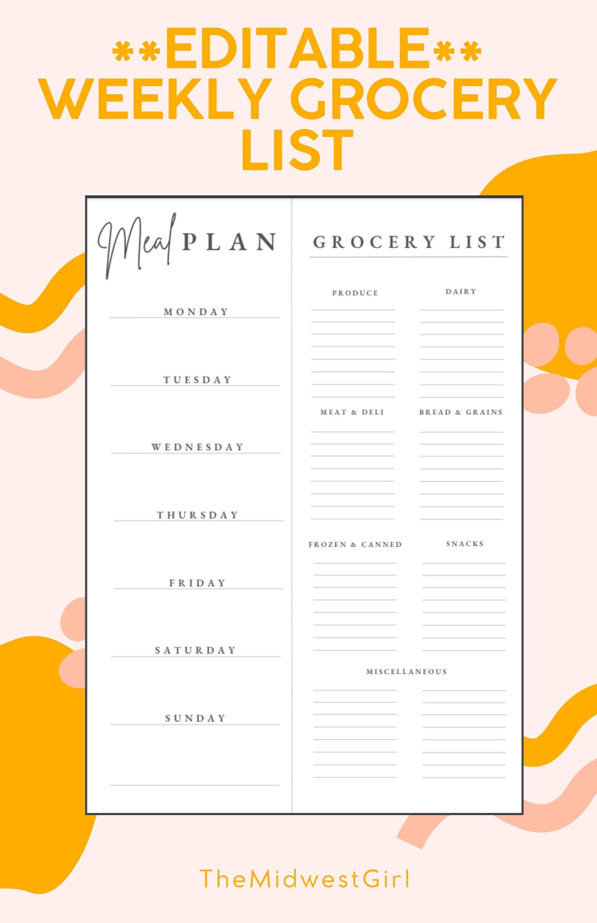 Weekly Grocery List & Meal Planner, editable/printable Template ...
