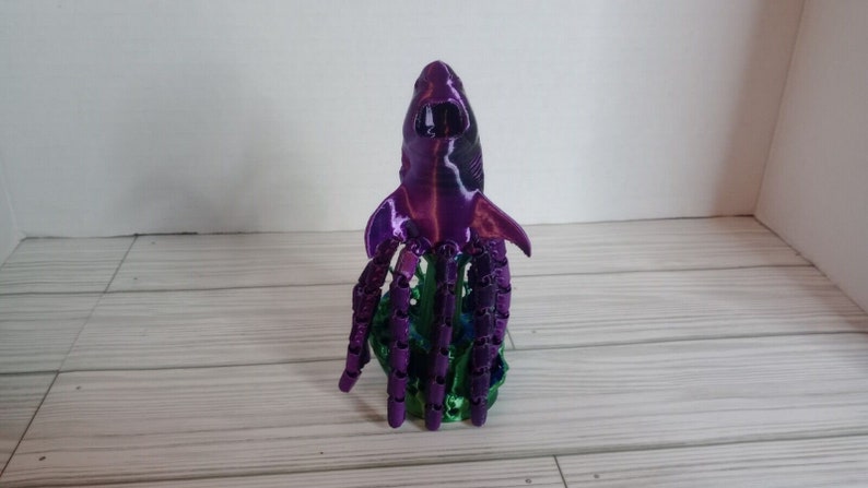 Sharktopus 3D Printed Articulated Toy With Wave Stand Purple and Black ...