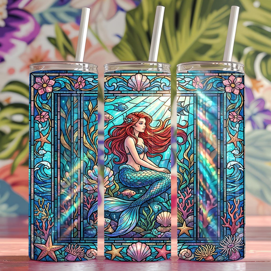 Vintage Stained Glass Mermaid Tumbler Wrap | Fantasy Ocean Sublimation ...