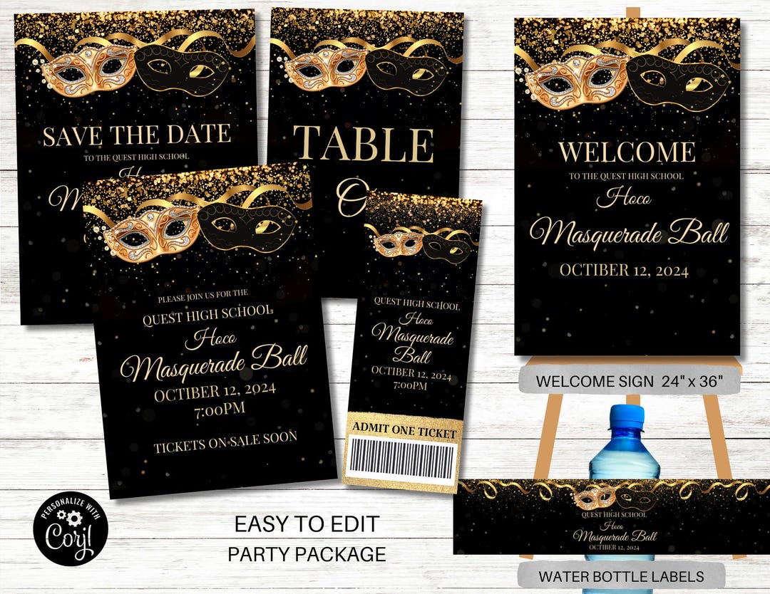 Black and Gold Masquerade Party Package, Homecoming Sign, Prom ...