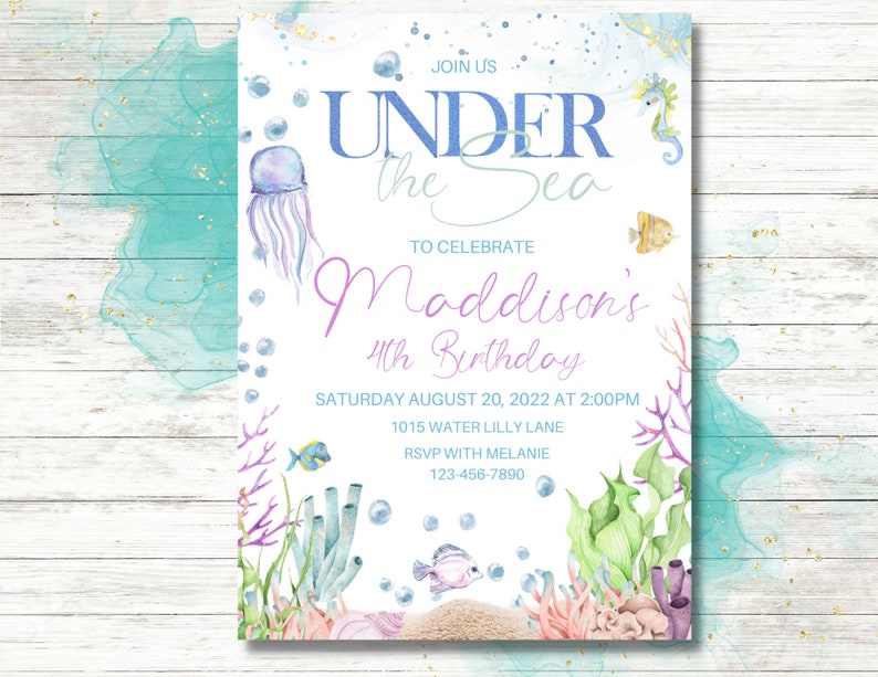 Under the Sea Invitation, Editable, Watercolor, Summer Birthday, Girl ...